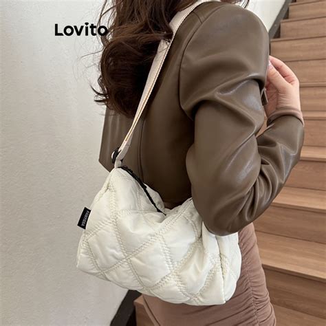 Lovito Bolsa De Ombro Pequena Acolchoada Básica Casual Argyle Para Mulheres LNA Branco