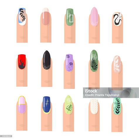 만화 스타일의 아름 다운 매니큐어와 손가락 세트 매니큐어 손톱의 벡터 일러스트 레이 션은 다양한 디자인과 모양과 길이와 함께 정사각형 부드러운 사각형 타원형 아몬드 발레리나