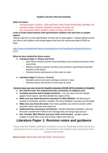 Cie Igcse English Literature 0475 Revision Booklet Teaching Resources