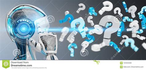 White Robot Using Digital Question Marks 3D Rendering Stock
