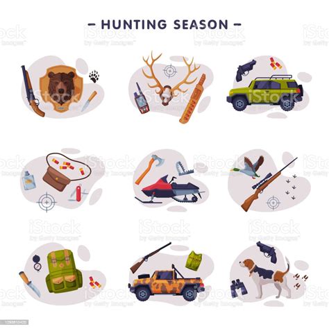 Hunting Season Hunter Attributes Tackles And Equipment Set Flat Vector Illustration Stock