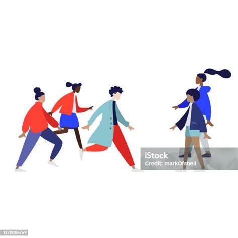 세 화려한 여자는 두 서 여자를 향해 서둘러 실행 평평한 색상 일러스트 젊은 사람들이 뭔가를 잡는다 갈색에 대한 스톡 벡터 아트 및 기타 이미지 Istock