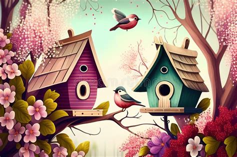 Nest Boxes Of Colorful Spring Birds Ai Generative Stock Illustration