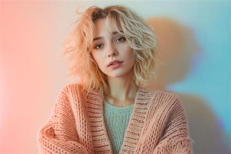 A Woman With Blonde Hair Wearing A Pink Cardigan Premium AI Generated