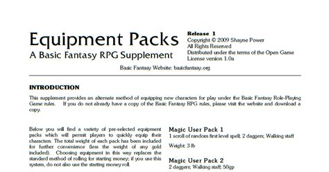 Equipment Packs A Basic Fantasy RPG Supplement RPG Item RPGGeek