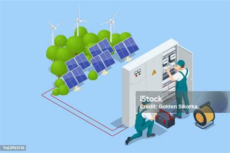 등척성 전기 에너지 유지 보수 전력선의 기술자 수리 서비스 태양 전지판 개폐 장치 구획의 작동 전압 레벨을 확인합니다 등측투영법에 대한 스톡 벡터 아트 및 기타 이미지