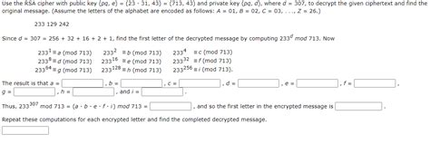 Solved Use The Rsa Cipher With Public Key Pq E Chegg