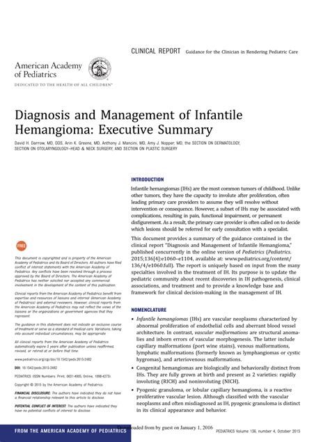 Pdf Diagnosis And Management Of Infantile Hemangioma Executive Summary
