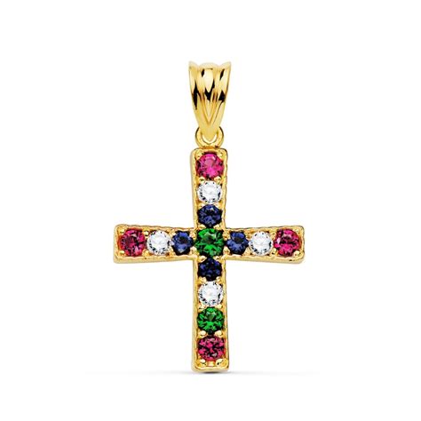 Cruz Colgante Oro 18k Mujer 22 Mm Circonitas Colores Combinados