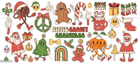 복고풍 만화 캐릭터와 요소의 큰 스티커 팩 메리 크리스마스와 새해 복 많이 받으세요 트렌디 한 그루비 히피 스타일 크리스마스에 대한 스톡 벡터 아트 및 기타 이미지 Istock