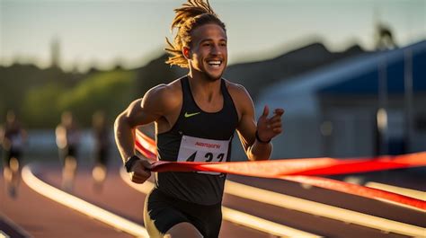 Premium Photo Male Sprinter Breaking The Tape At The Finish Line In A