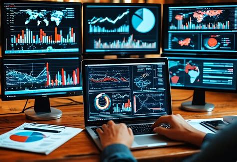 Analyst Reviews Data On Multiple Screens Focusing On Charts And Maps Premium Ai Generated Image