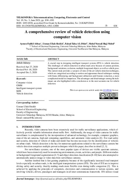 Pdf A Comprehensive Review Of Vehicle Detection Using Computer Vision