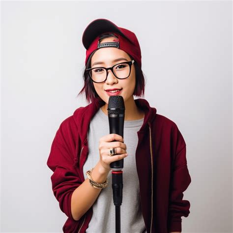 Premium Photo Female Asian Rapping Nerd Holding A Mic Closeup