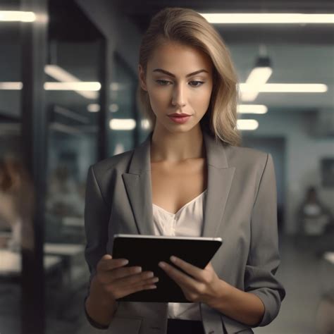 Premium Ai Image A Woman In A Business Suit Is Using A Tablet With A