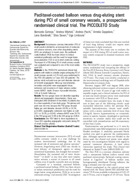 Pdf Paclitaxel Coated Balloon Versus Drug Eluting Stent During Pci Of