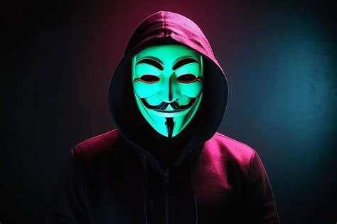 Premium Photo Portrait Of An Anonymous Man Hacker Wearing Neon Mask