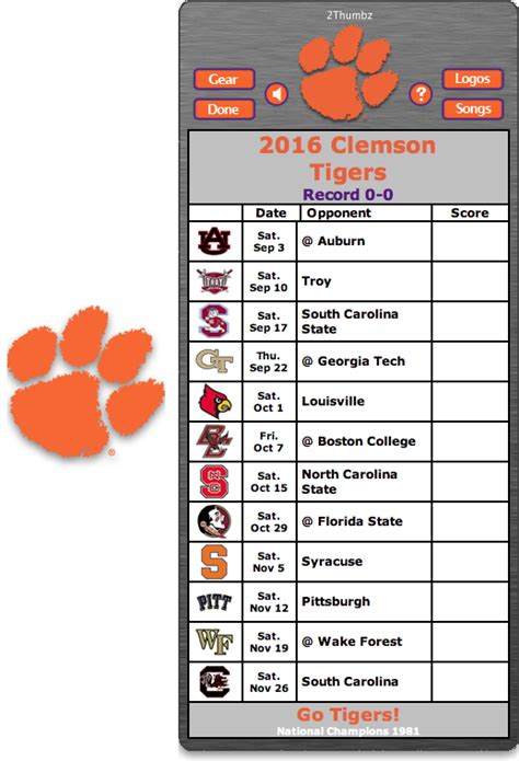 Clemson Printable Football Schedule