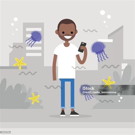 증강된 현실 개념 그림입니다 해양 생물의 증강된 현실 이미지에 의해 포위 하는 도시 주위를 산책 젊은 흑인 캐릭터 평면 편집 가능한 벡터 일러스트 레이 션 클립 아트 Z