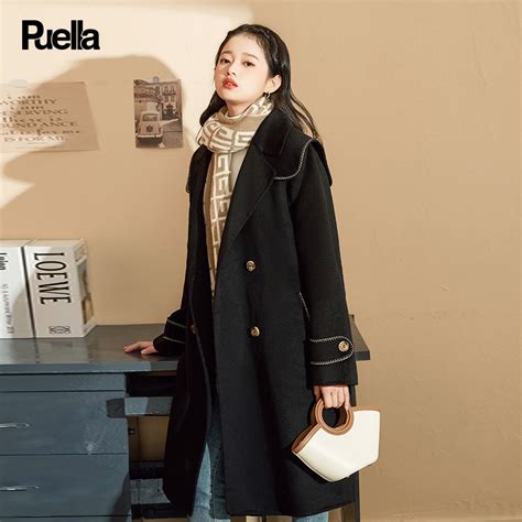 拉夏贝尔旗下puella2023春新款中长款时尚复古保暖毛呢外套大衣女虎窝淘