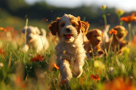 Playful Puppies Frolicking In A Meadow Premium Ai Generated Image