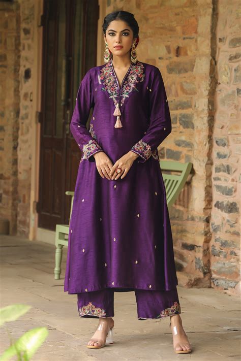 Buy Purple Silk Base Embroidered Sequin V Neck Paisley Zardozi Kurta