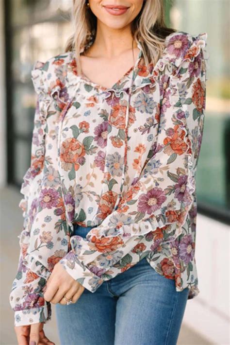 Multicolor Floral Print Ruffled Top Tie Neck Peasant Blouse Shewin