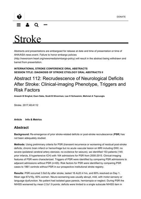 Pdf Recrudescence Of Neurological Deficits After Stroke Clinical