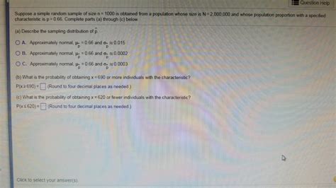 Solved Question Help Suppose A Simple Random Sample Of Size