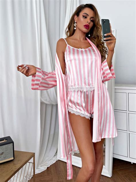Pack Satin Striped Contrast Lace Belted Robe Set Tuch Mode für mollige Modestil