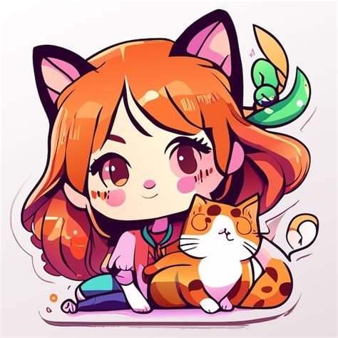 귀여운 소녀와 고양이 귀여운 손으로 그린 만화 스티커 아이콘 개념 격리된 그림 프리미엄 벡터