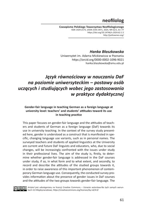 PDF Język równościowy w nauczaniu DaF na poziomie uniwersyteckim postawy osób uczących i