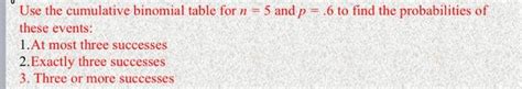 solved use the cumulative binomial table for n 5 and p 6 to
