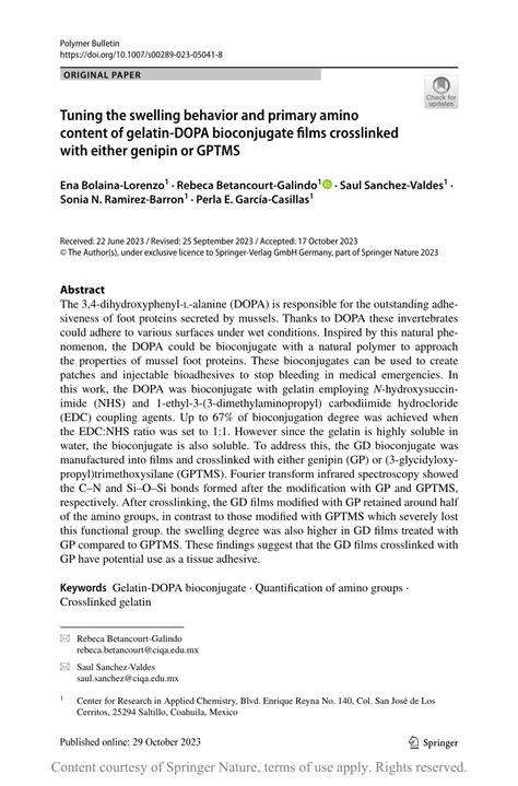 Tuning The Swelling Behavior And Primary Amino Content Of Gelatin Dopa Bioconjugate Films