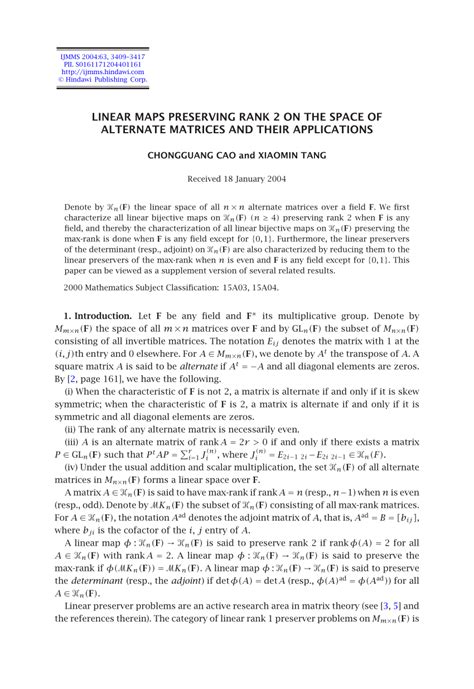 Pdf Linear Maps Preserving Rank 2 On The Space Of Alternate Matrices And Their Applications