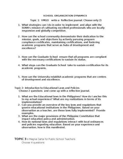 School Dynamics For Topic 1 School Organization Dynamics Topic 1 Vmgo Write A Reflective
