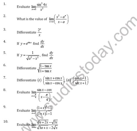 Cbse Class 11 Limits And Derivative Worksheet B