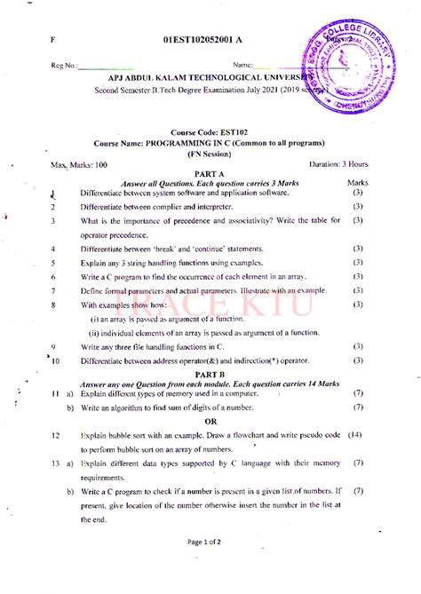 Est102 Prog In C A July 2021 F Reg No Max Marks L 6
