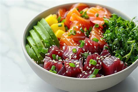 Delicious Poke Bowl With Salmon Tuna Avocado And Mango Stock