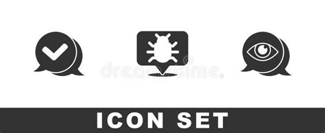 Set Check Mark In Speech Bubble System Bug And Eye Scan Icon Vector