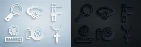 세트 보석 가게 캘리퍼 캘리퍼스 및 스케일 보석 기독교 크로스 체인 다이아몬드 약혼 반지 및 돋보기 아이콘 벡터 3차원 형태에 대한 스톡 벡터 아트 및 기타 이미지 Istock