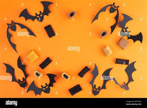 Composition For Halloween From Bats Cut Out Of Paper And Various
