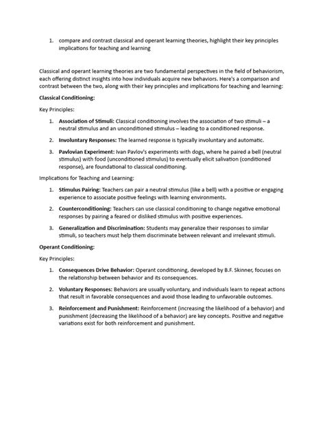 Compare And Contrast Classical And Operant Learning Theories Pdf