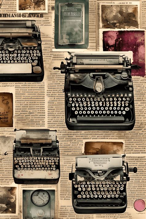Watercolor Collage Of Detailed Realistic Old Typewriters In Steampunk