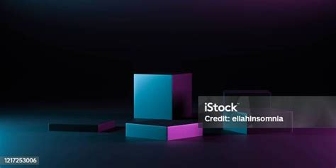 네온 블루와 마젠타 조명 어두운 배경 질감과 미래 현대 큐브 밝은 배경 3d 렌더링 일러스트 0명에 대한 스톡 사진 및 기타 이미지 Istock
