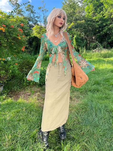 ROMWE PUNK Grunge Sun Print Lettuce Trim Tie Front Mesh Top SHEIN UK