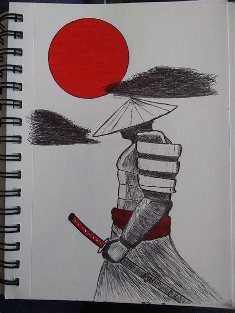 Samurai Walking Under The Red Moon Samurai Drawing Easy Drawings
