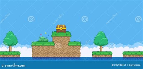 Illustration Of Cartoon High Island With A Treasure Chest In Retro