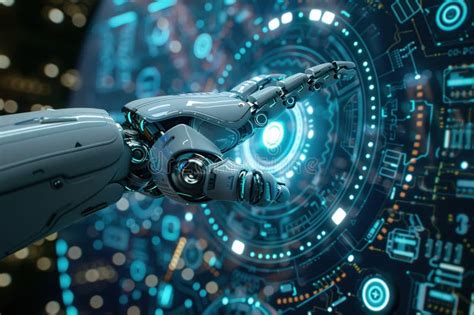 Robot Hand Presses The Button On A Virtual Holographic Interface Hud