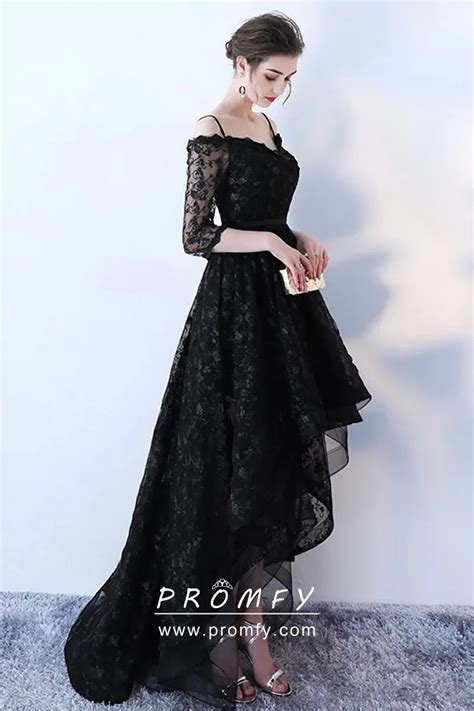 Black Lace Cold Shoulder Sleeved High Low Prom Gown Promfy